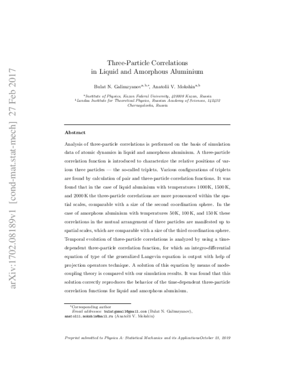 (PDF) Three-particle correlations in liquid and amorphous aluminium