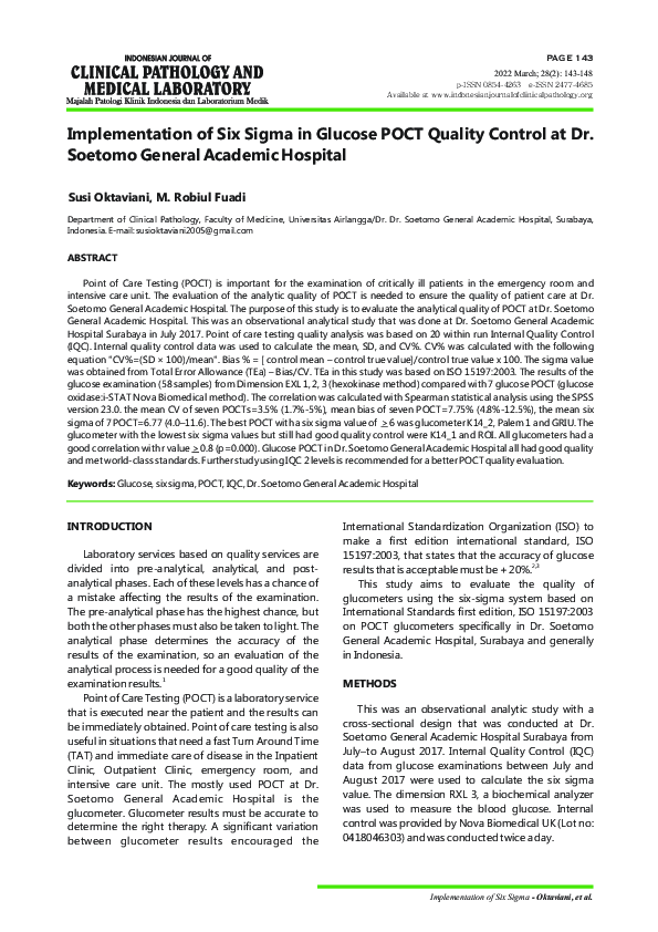 (PDF) Implementation of Six Sigma in Glucose POCT Quality Control at Dr ...
