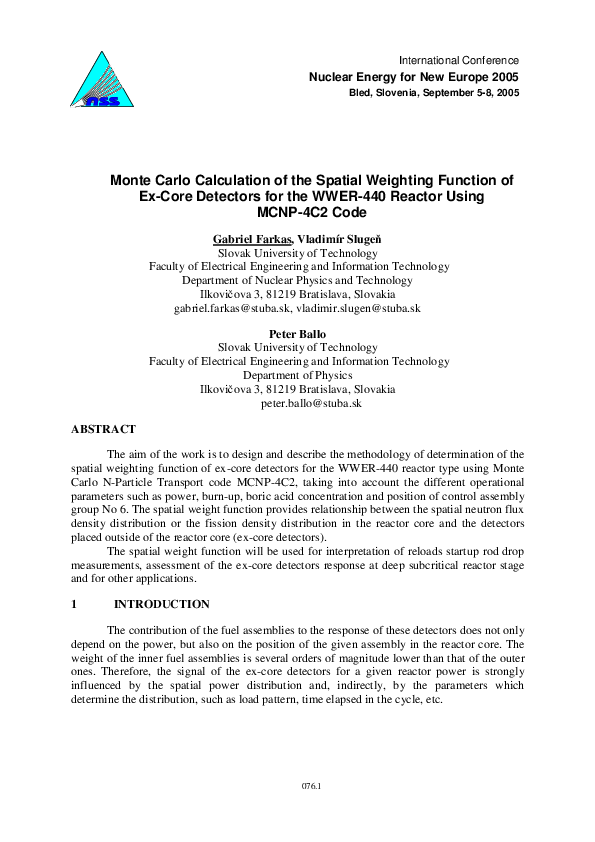 (PDF) International Conference Nuclear Energy for New Europe 2005 Monte Carlo Calculation of the ...