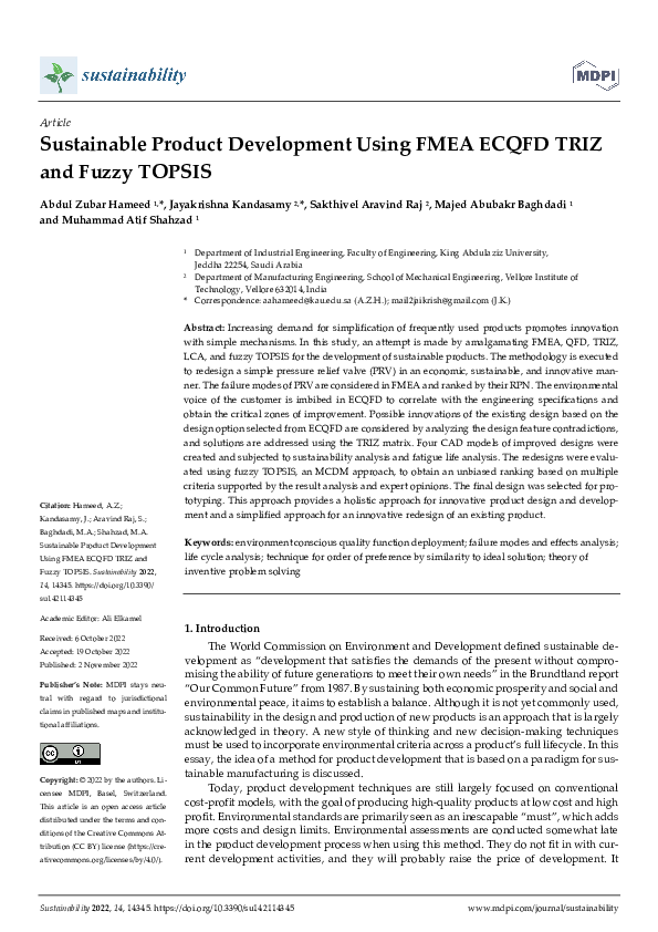 (PDF) Sustainable Product Development Using FMEA ECQFD TRIZ and Fuzzy TOPSIS