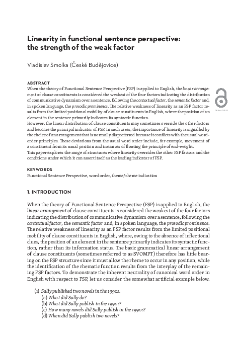 Pdf Linearity In Functional Sentence Perspective The Strength Of The Weak Factor