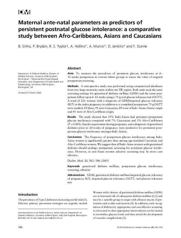 (PDF) Maternal ante-natal parameters as predictors of persistent postnatal glucose intolerance ...