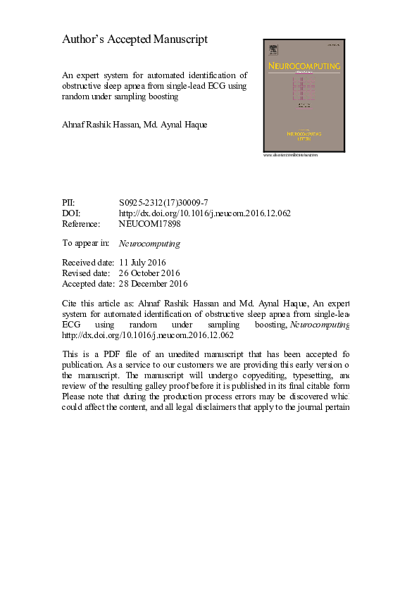 Pdf Automated Sleep Apnea Detection Via Ecg And Rusboost