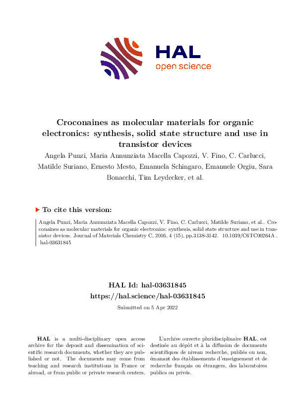 (PDF) Croconaines as molecular materials for organic electronics: synthesis, solid state ...