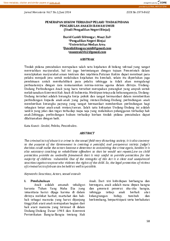 (PDF) PENERAPAN HUKUM TERHADAP PELAKU TINDAK PIDANA PENCABULAN ANAK DI BAWAH UMUR (Studi ...