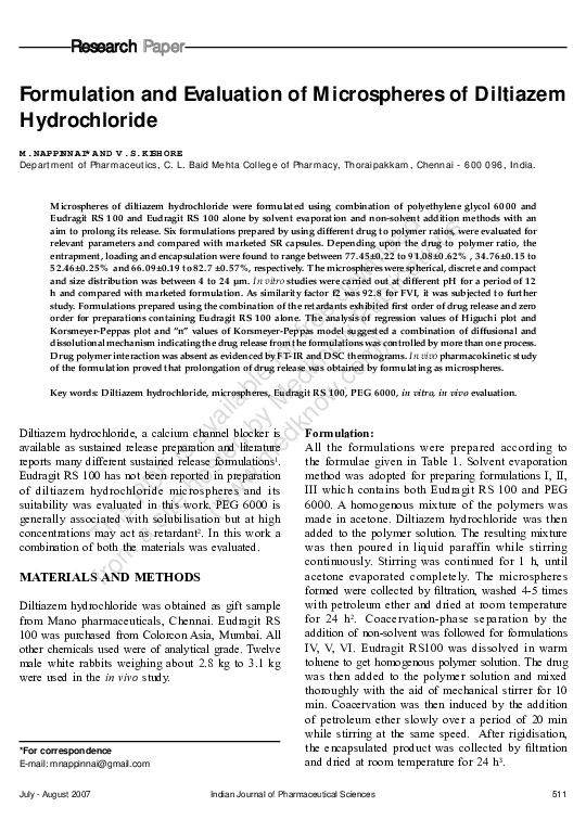 Pdf Formulation And Evaluation Of Microspheres Of Diltiazem Hydrochloride