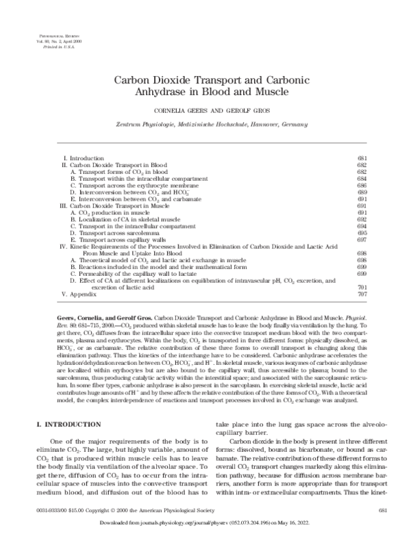 (PDF) Carbon Dioxide Transport and Carbonic Anhydrase in Blood and Muscle