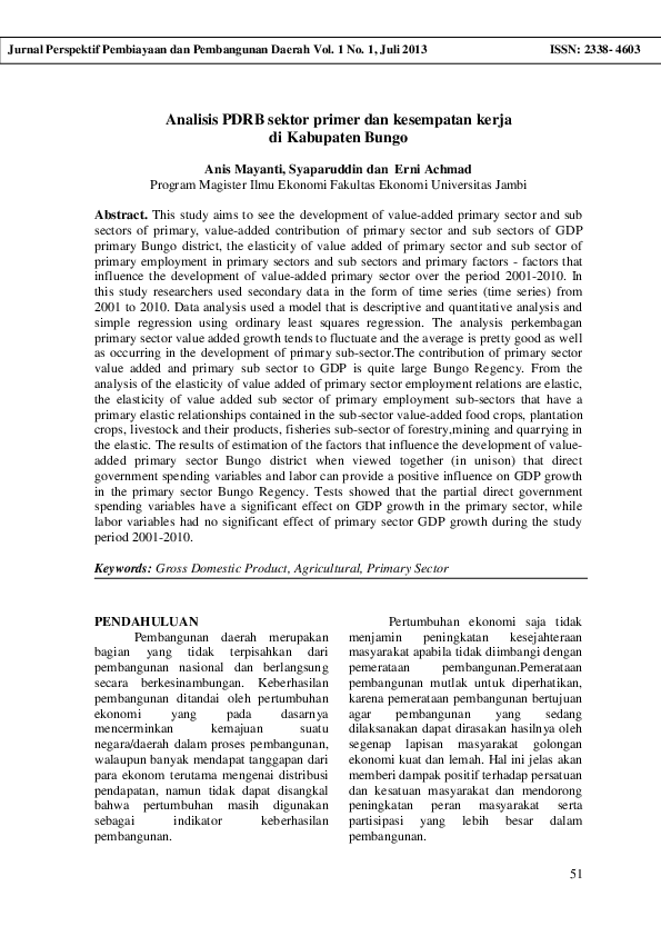 (PDF) Analisis PDRB sektor primer dan kesempatan kerja di Kabupaten Bungo