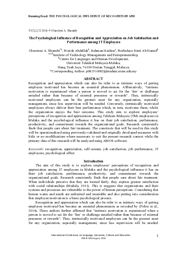 (PDF) The Psychological Influence of Recognition and Appreciation on ...