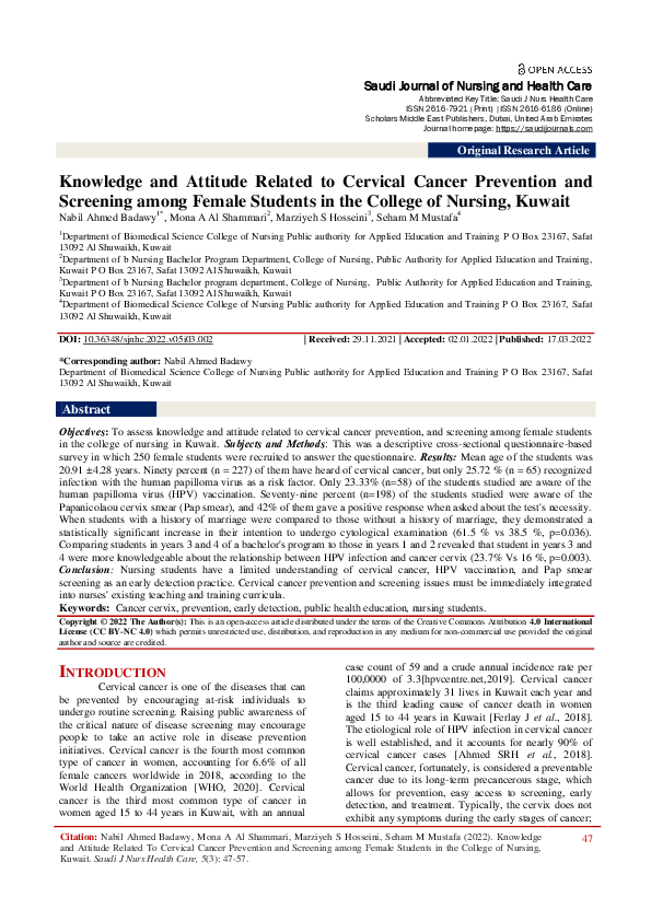 (PDF) Knowledge and Attitude Related to Cervical Cancer Prevention and Screening among Female ...