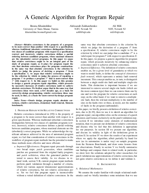 (PDF) A Generic Algorithm for Program Repair