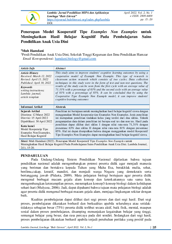 (PDF) Penerapan Model Kooperatif Tipe Examples Non Examples untuk ...