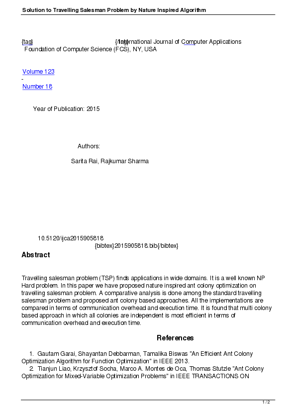 (PDF) Solution to Travelling Salesman Problem by Nature Inspired Algorithm