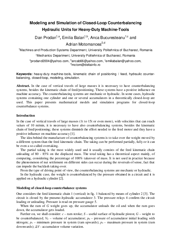 (PDF) Modeling and Simulation of Closed-Loop Counterbalancing Hydraulic Units for Heavy-Duty ...