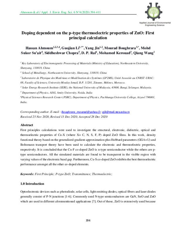 (PDF) Doping dependent on the p-type thermoelectric properties of ZnO: First principle calculation