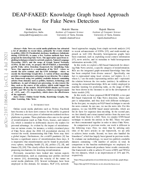 (PDF) DEAP-FAKED: Knowledge Graph based Approach for Fake News Detection (PDF) DEAP-FAKED: Knowledge Graph based Approach for Fake News Detection