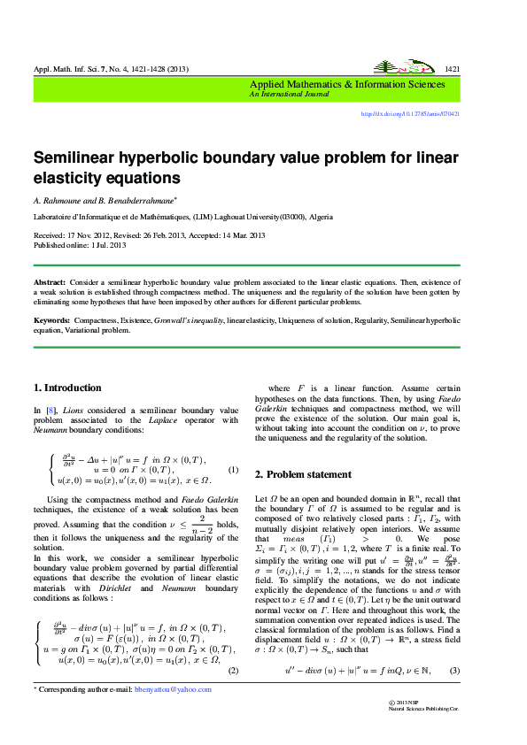 (PDF) Semilinear hyperbolic boundary value problem for linear elasticity equations