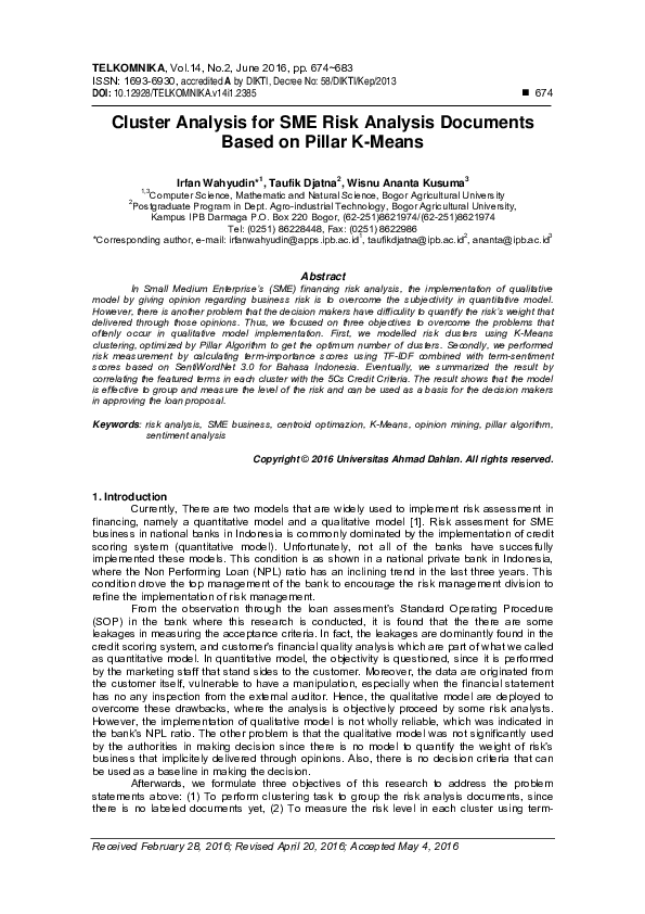(PDF) Cluster Analysis for SME Risk Analysis Documents Based on Pillar K-Means