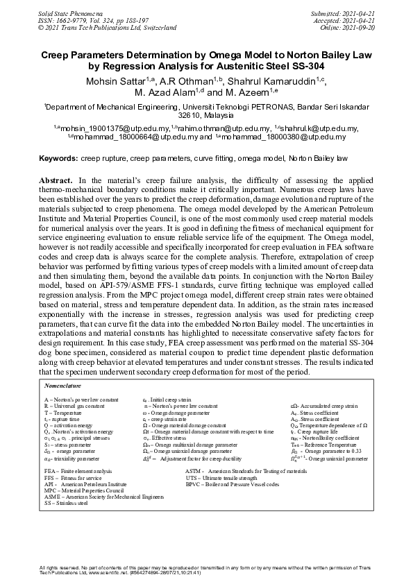 (PDF) Creep Parameters Determination by Omega Model to Norton Bailey ...