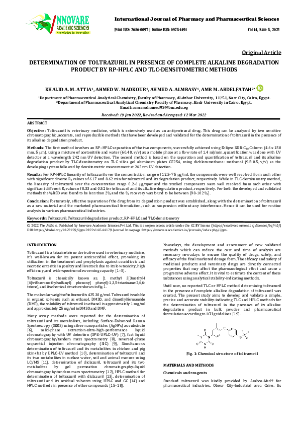 (PDF) DETERMINATION OF TOLTRAZURIL IN PRESENCE OF COMPLETE ALKALINE DEGRADATION PRODUCT BY RP ...