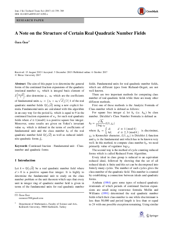 (PDF) A Note on the Structure of Certain Real Quadratic Number Fields
