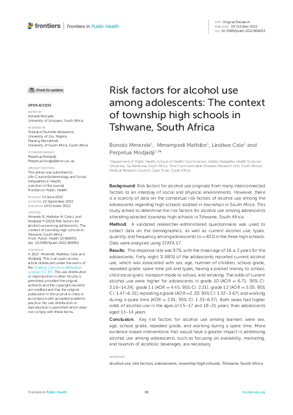 (PDF) Risk factors for alcohol use among adolescents: The context of township high schools in ...