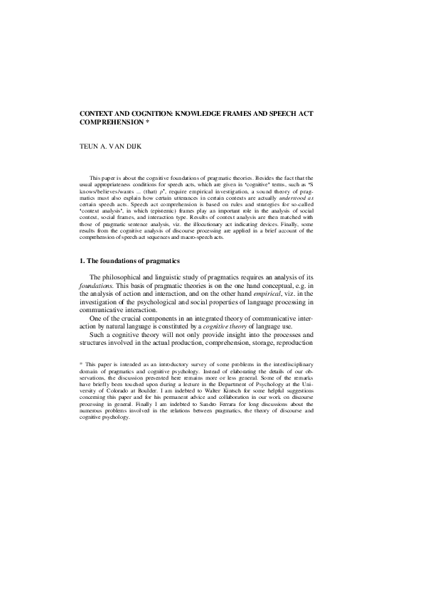 (PDF) Context and cognition: Knowledge frames and speech act comprehension