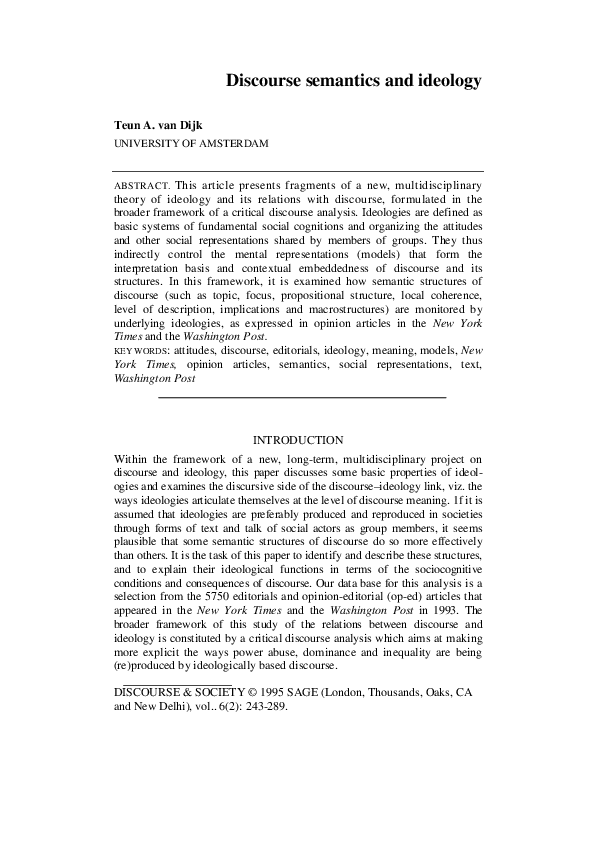 (PDF) Discourse Semantics and Ideology