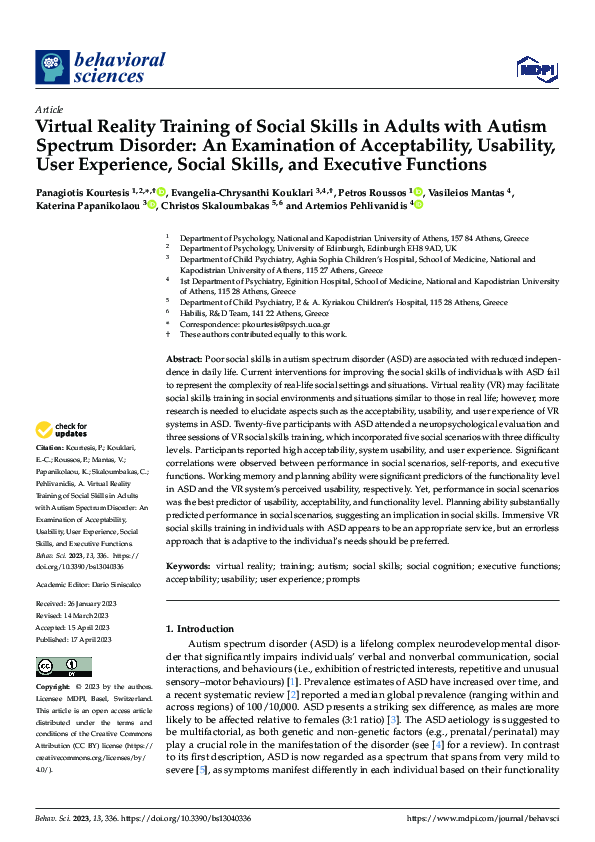 (PDF) Virtual Reality Training of Social Skills in Adults with Autism Spectrum Disorder: An ...