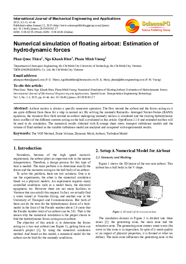 (PDF) Numerical Simulation of Floating Airboat: Estimation of Hydrodynamic Forces