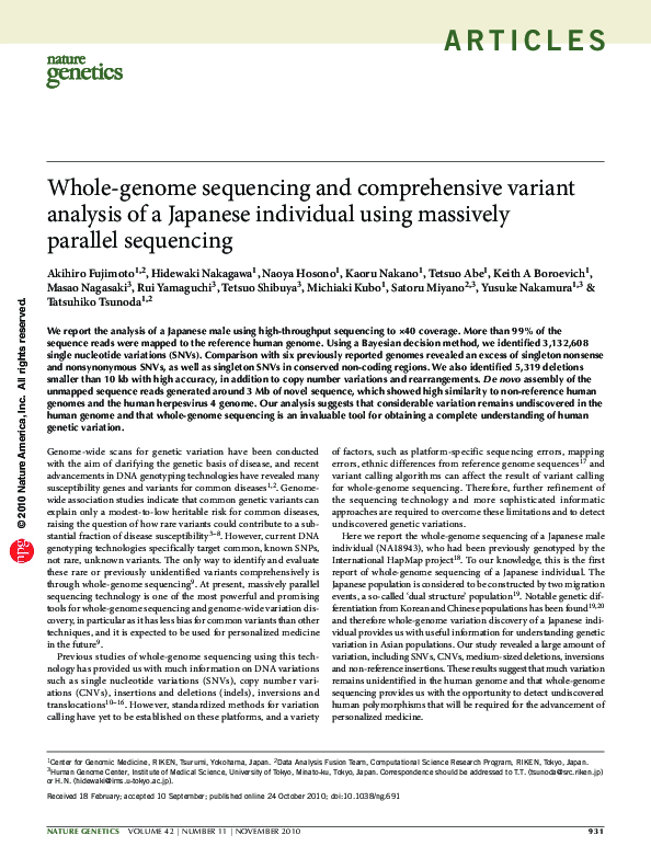 Pdf Whole Genome Sequencing And Comprehensive Variant Analysis Of A Japanese Individual Using