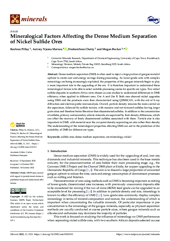 (PDF) Mineralogical Factors Affecting the Dense Medium Separation of Nickel Sulfide Ores