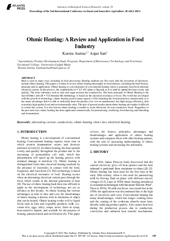 (PDF) Ohmic Heating: A Review and Application in Food Industry