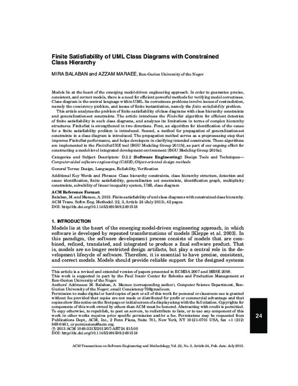 Pdf Finite Satisfiability Of Uml Class Diagrams With Constrained Class Hierarchy Azzam 