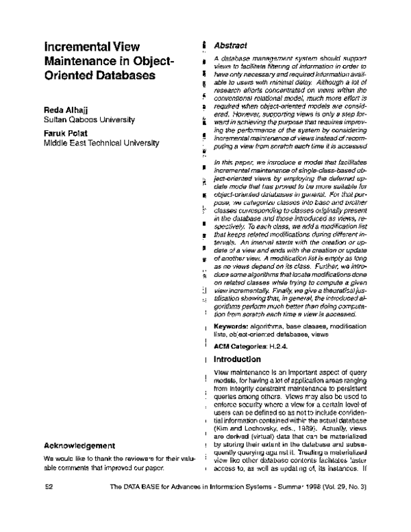 (PDF) Incremental view maintenance in object-oriented databases