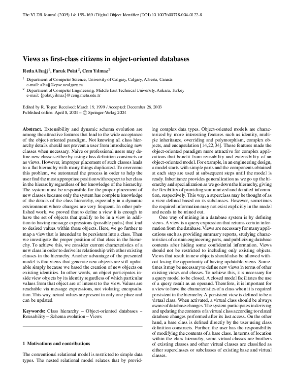 Pdf Views As First Class Citizens In Object Oriented Databases