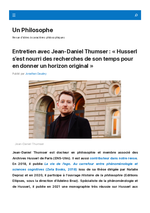 (PDF) Entretien avec Jean Daniel Thumser - « Husserl s’est nourri des ...