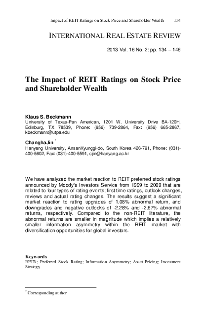 (PDF) The Impact of REIT Ratings on Stock Price and Shareholder Wealth