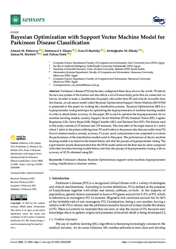 (PDF) Bayesian Optimization with Support Vector Machine Model for Parkinson Disease Classification