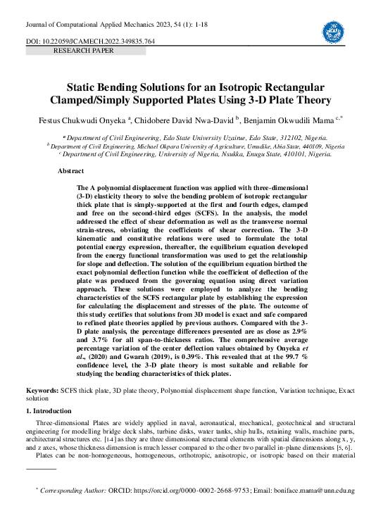 (PDF) Static Bending Solutions for an Isotropic Rectangular Clamped ...