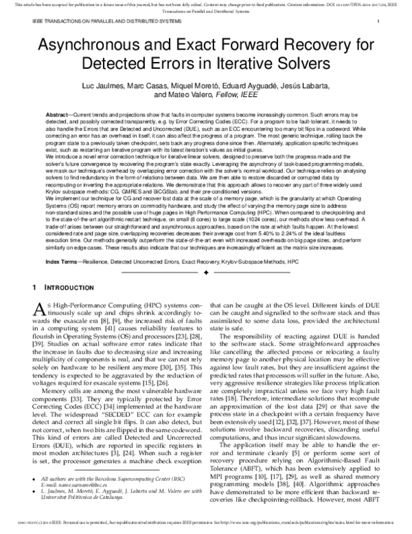 Pdf Asynchronous And Exact Forward Recovery For Detected Errors In Iterative Solvers