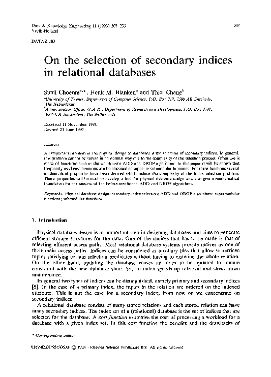 (PDF) On the selection of secondary indices in relational databases