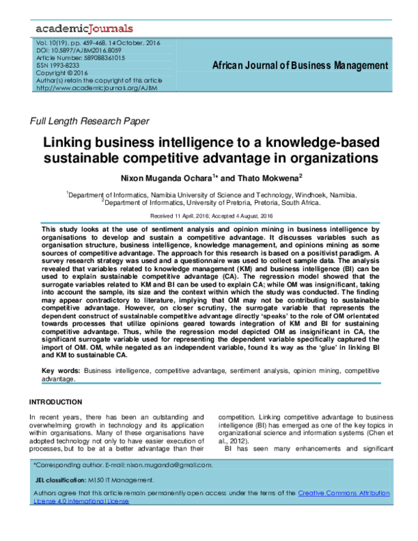 (PDF) Linking business intelligence to a knowledge-based sustainable ...