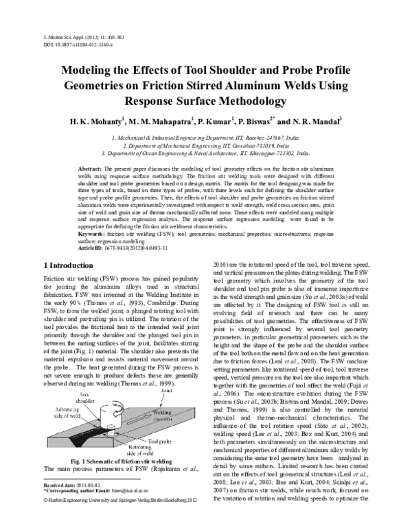 (PDF) Modeling the effects of tool shoulder and probe profile geometries on friction stirred ...