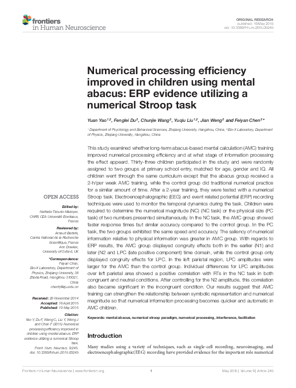 (PDF) Numerical processing efficiency improved in children using mental abacus: ERP evidence ...