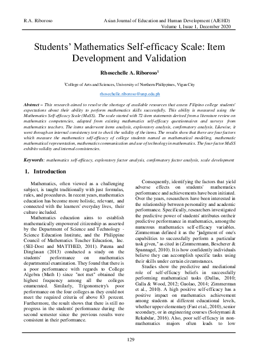 (PDF) Students' Mathematics Self-efficacy Scale: Item Development and Validation