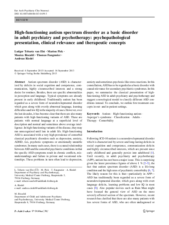 (PDF) High-functioning autism spectrum disorder as a basic disorder in ...