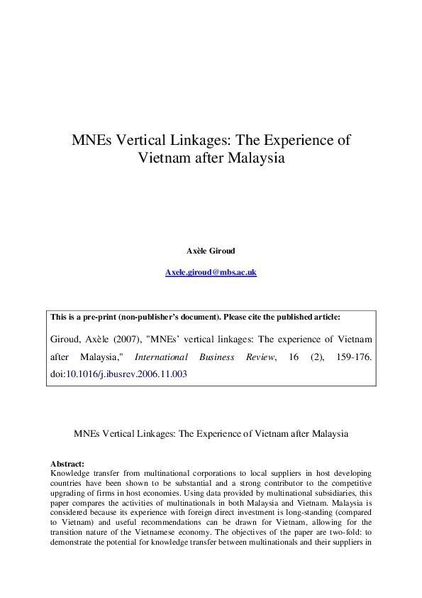 (PDF) MNEs vertical linkages: The experience of Vietnam after Malaysia