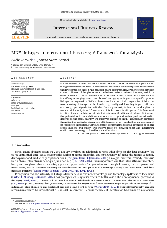 (PDF) MNE linkages in international business: A framework for analysis