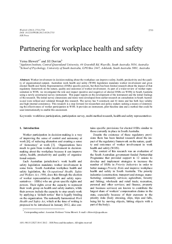 (PDF) Partnering for workplace health and safety